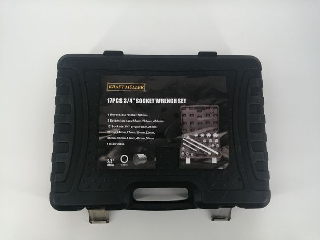 COFFRET KRAFTMULLER POIDS LOURD 17 PIÈCES AVEC CLÉS TÉLESCOPIQUE À CLIQUET 3/4" ET DOUILLES 12 PANS